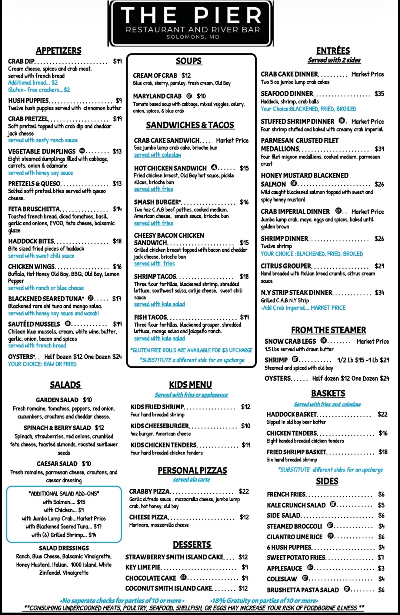 Menu | The Pier Solomons Island Maryland