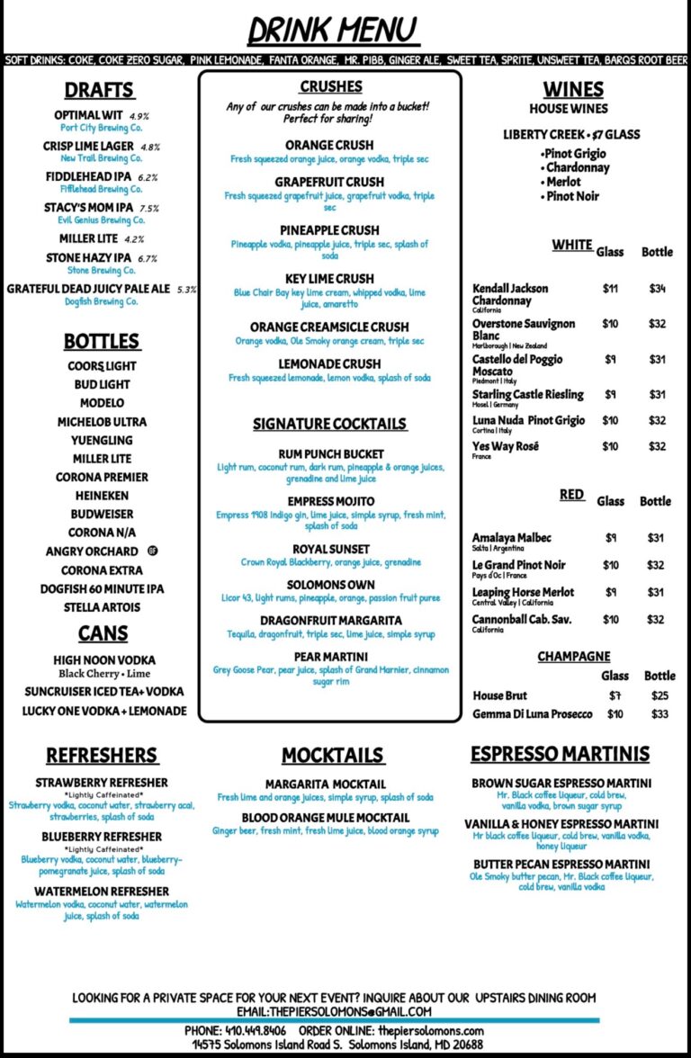 Menu | The Pier Solomons Island Maryland
